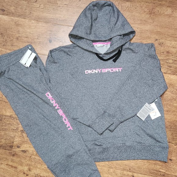 Dkny | Pants & Jumpsuits | Dkny Gray Pink Jogger Set Sweatpants Hooded ...